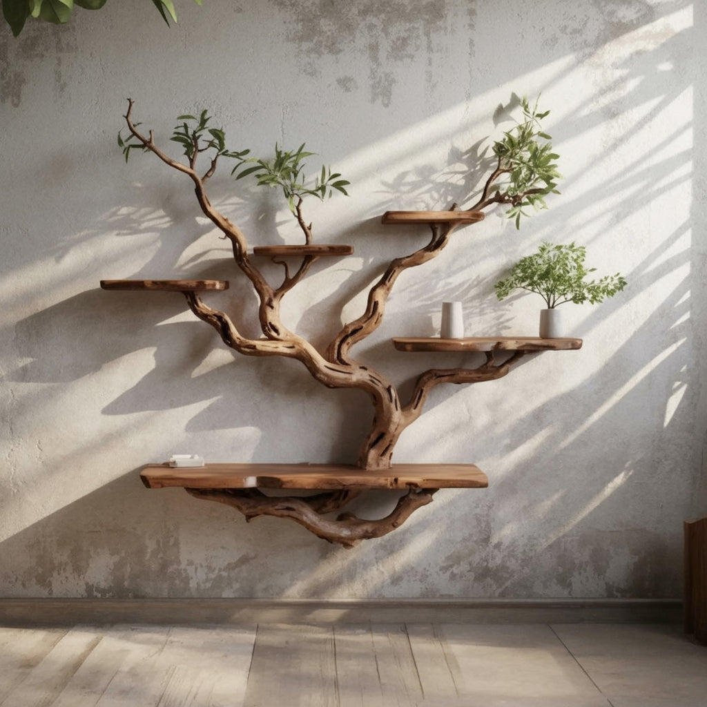 Floating Bookshelf – Tree Branch Wall-Mounted Bookcase for Rustic Home