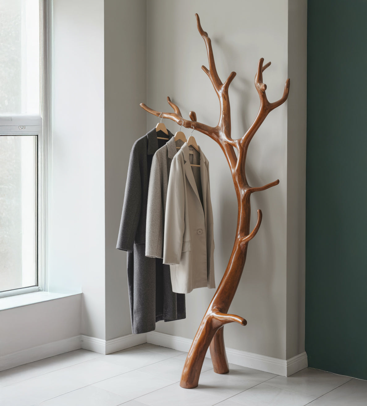 Solid Wood Tree Hanger Stand – Handmade Branch Coat Rack for Entryway